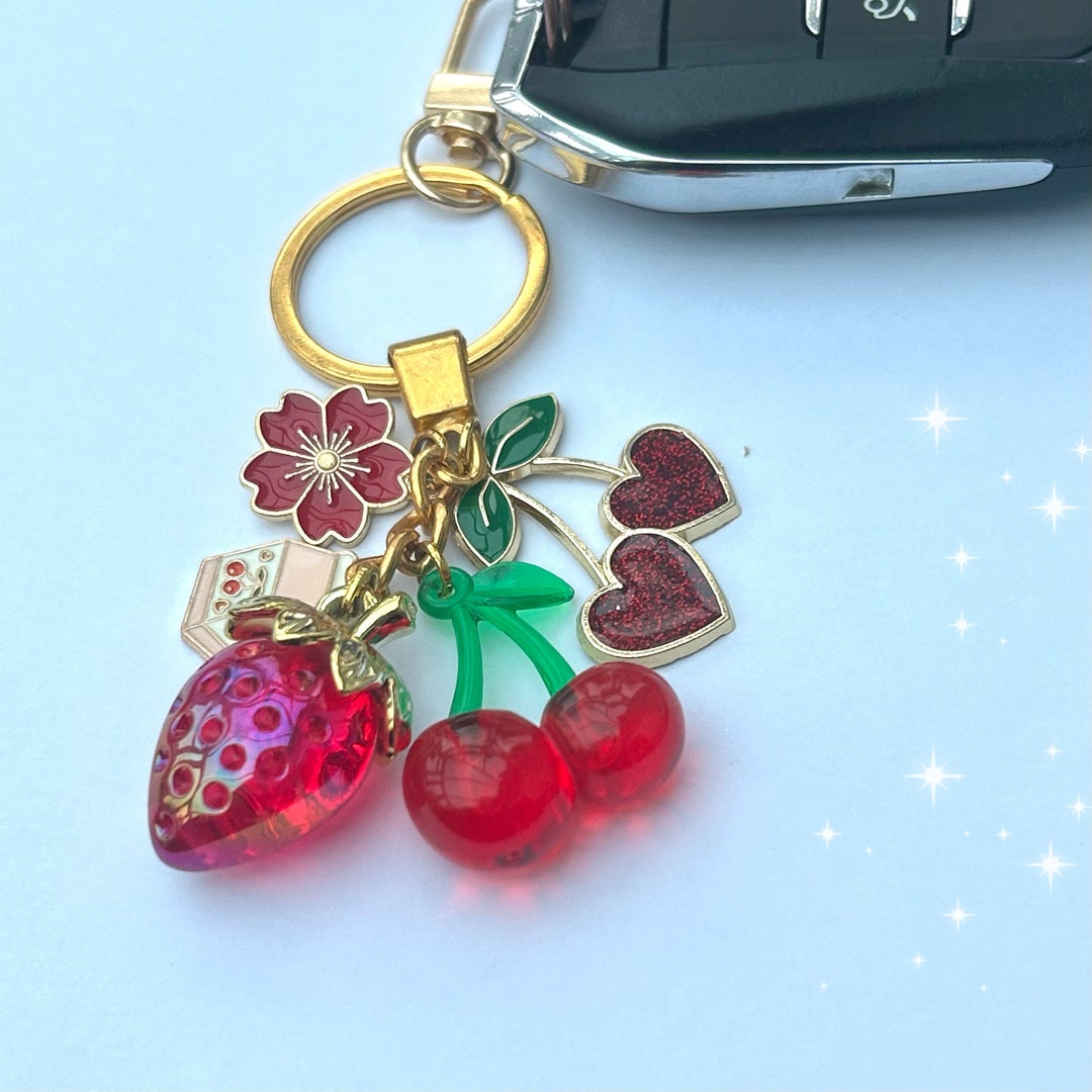 Kawaii Fruity Boba Keychain, Strawberry Red Cherry Sakura Keyring ...