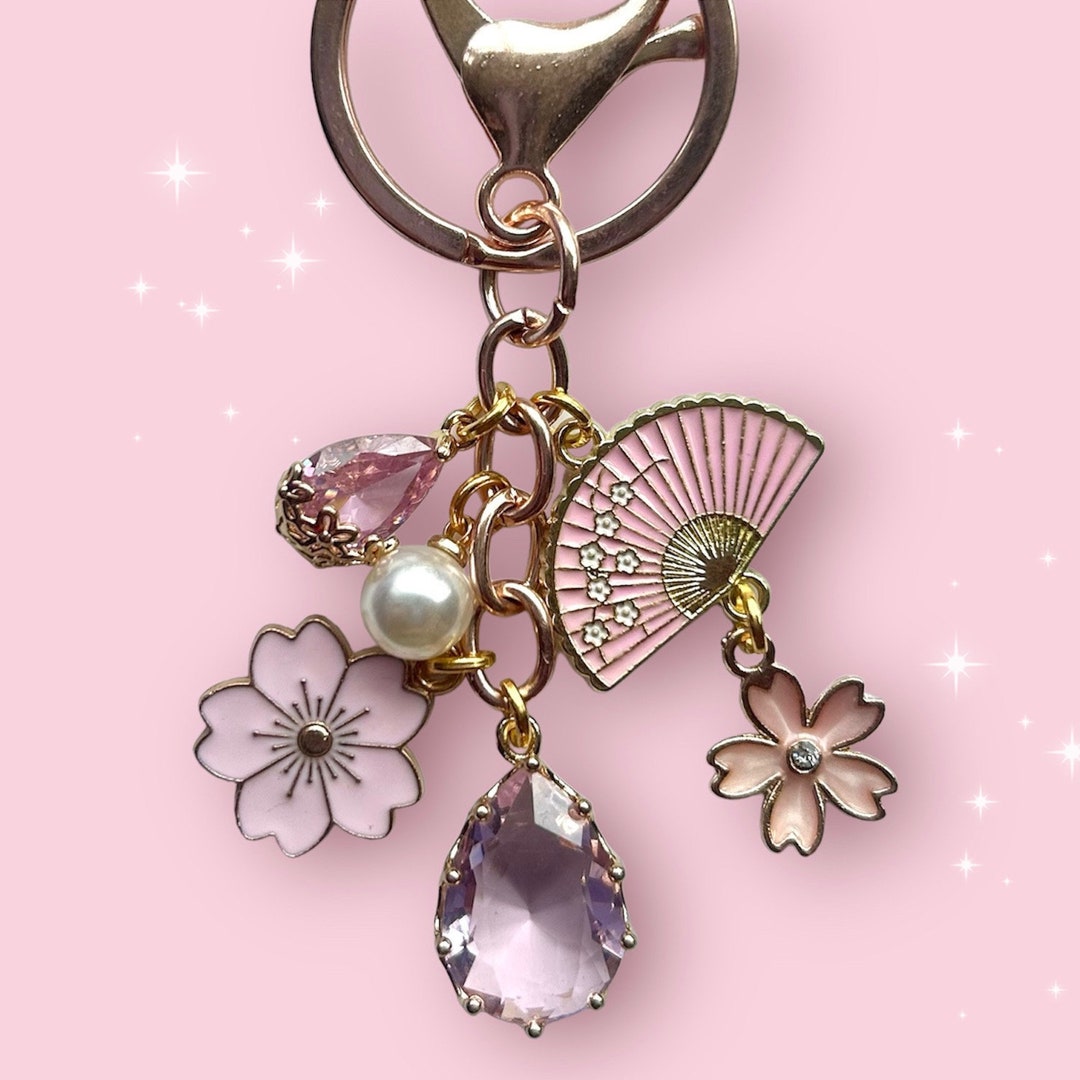 Japanese Pink Gem Fan Sakura Keychain, Kawaii Cherry Blossom Charm ...