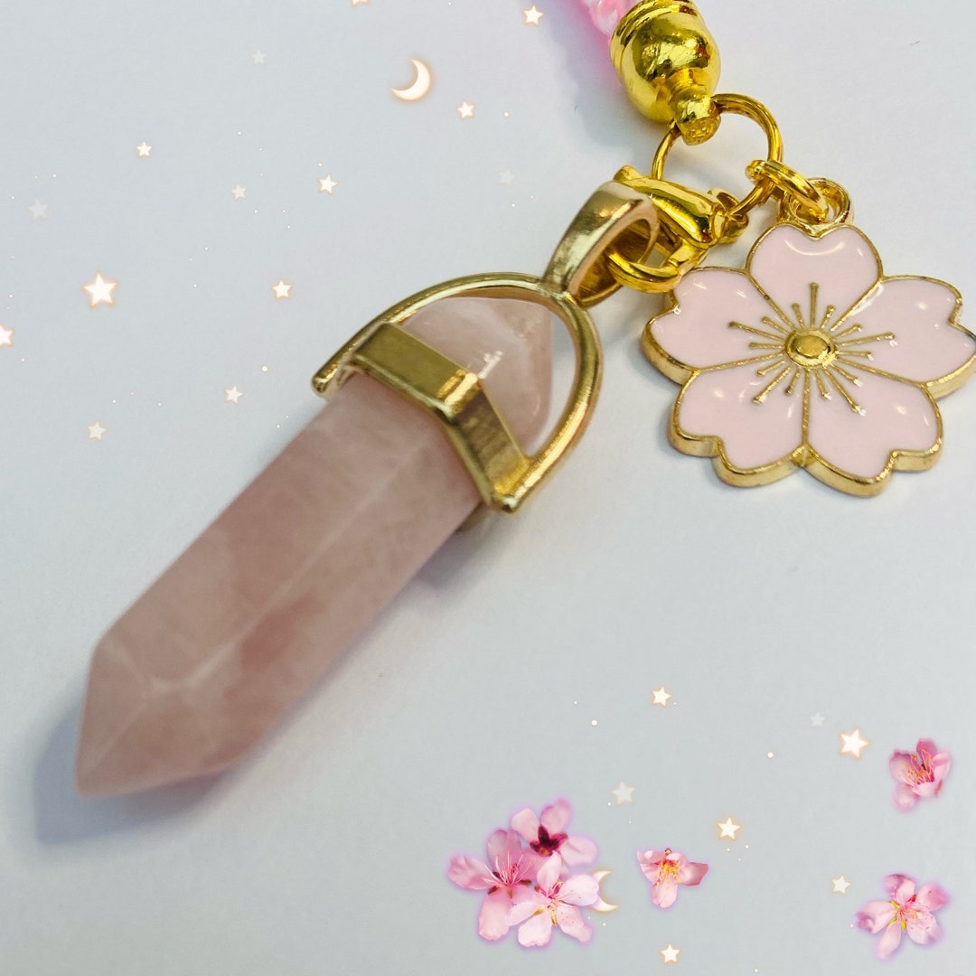 Sakura Rose Quartz Phone Charm: Pink Crystal Pillar, Kawaii Zen Dust ...