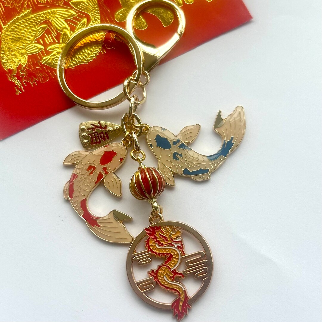 Keyring Chinese Dragon, Red Lantern, Phone Case Charm, Blue Red Koi ...