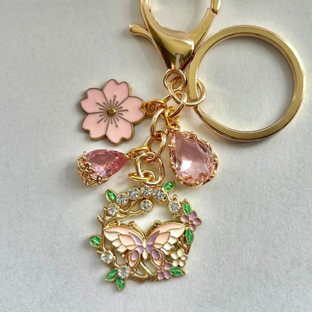 Japanese Sakura Pink Gem Butterfly Keychain, Cherry Blossom, Luna Moth ...