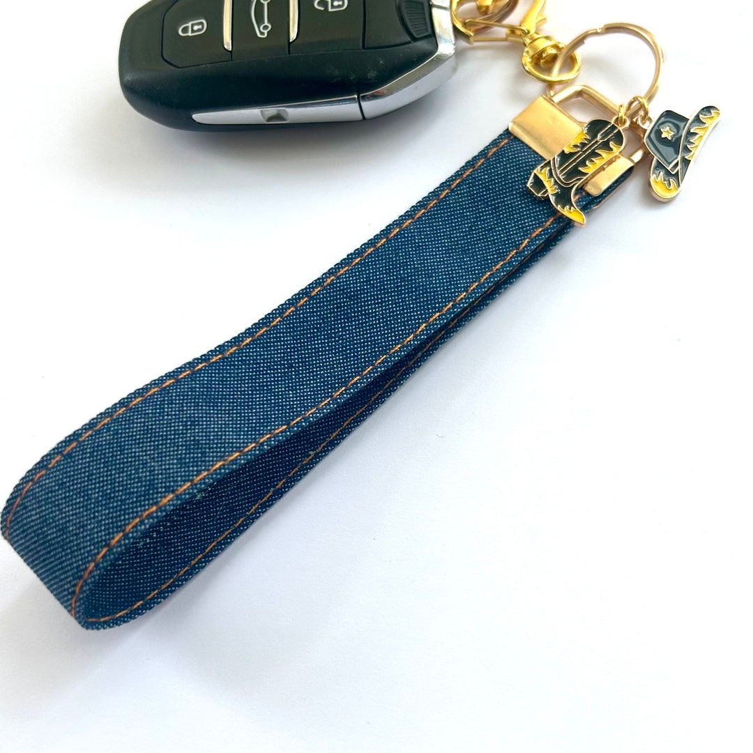 Kawaii Cowgirl Denim Wristlet Keyfob, Hat Boot Fire Charms Phone Strap ...