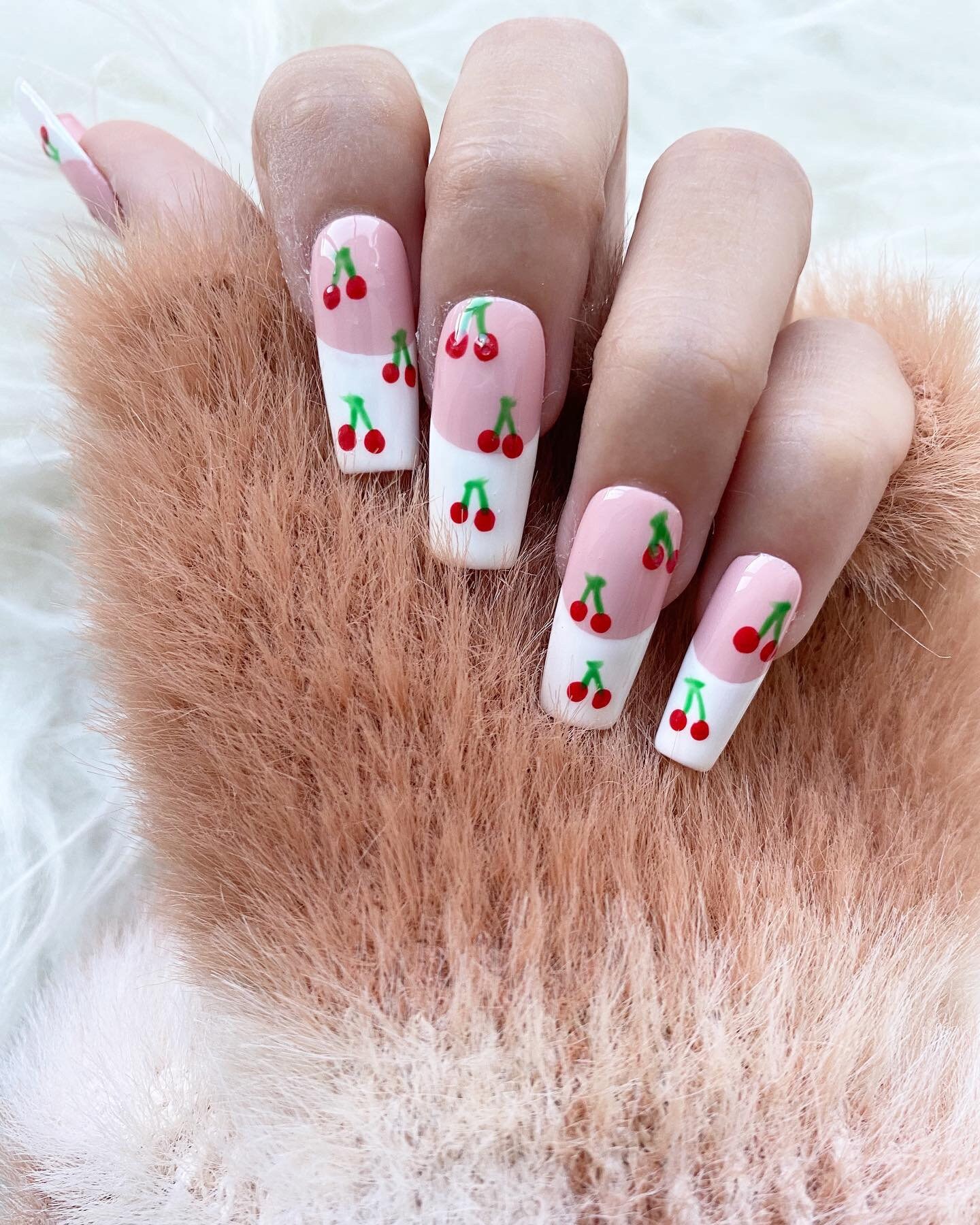 Reusable Cherry French Tip Press on Sticky Nails - Etsy