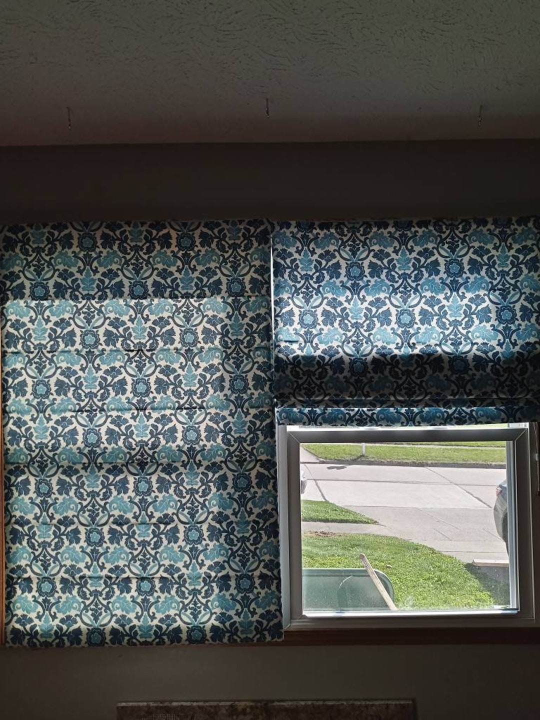 Custom Roman Shade Navy Blue Flowers and Turquoise Leaves. - Etsy