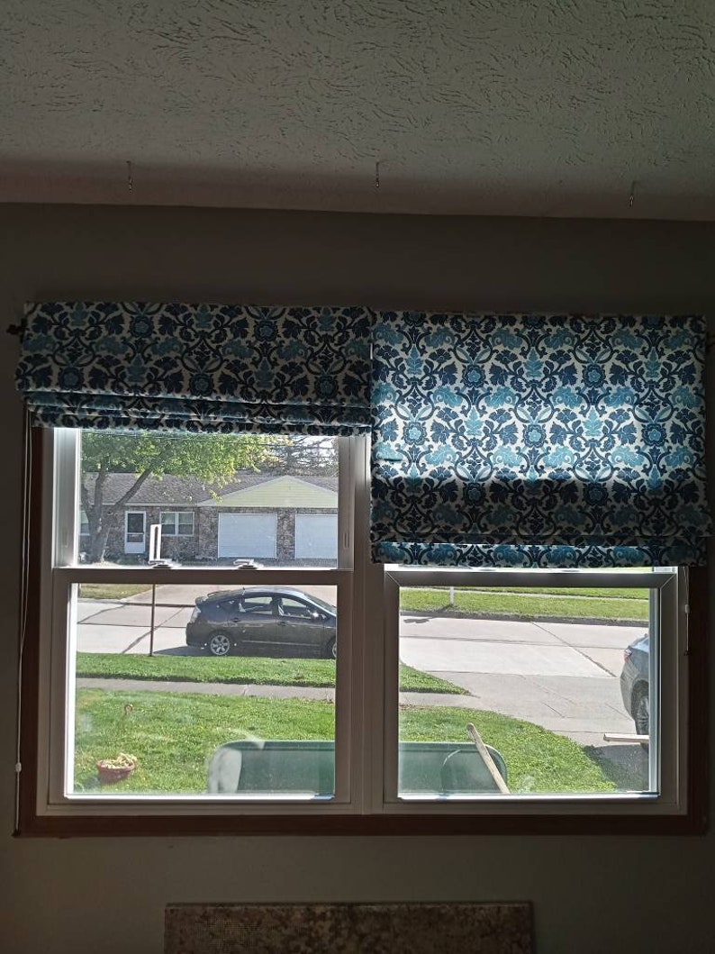 Custom Roman Shade Navy Blue Flowers and Turquoise Leaves. - Etsy