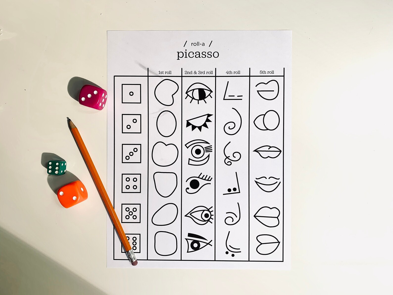 Roll-A-Picasso // Printable Game sheet 1 page // Instant | Etsy