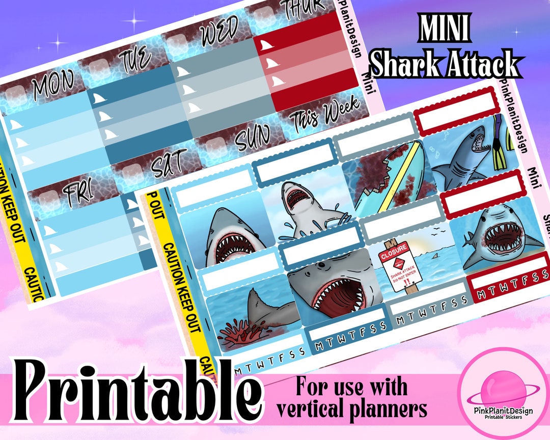 Mini SHARK ATTACK PRINTABLE Planner Stickers Kit Mini Vertical Layout ...