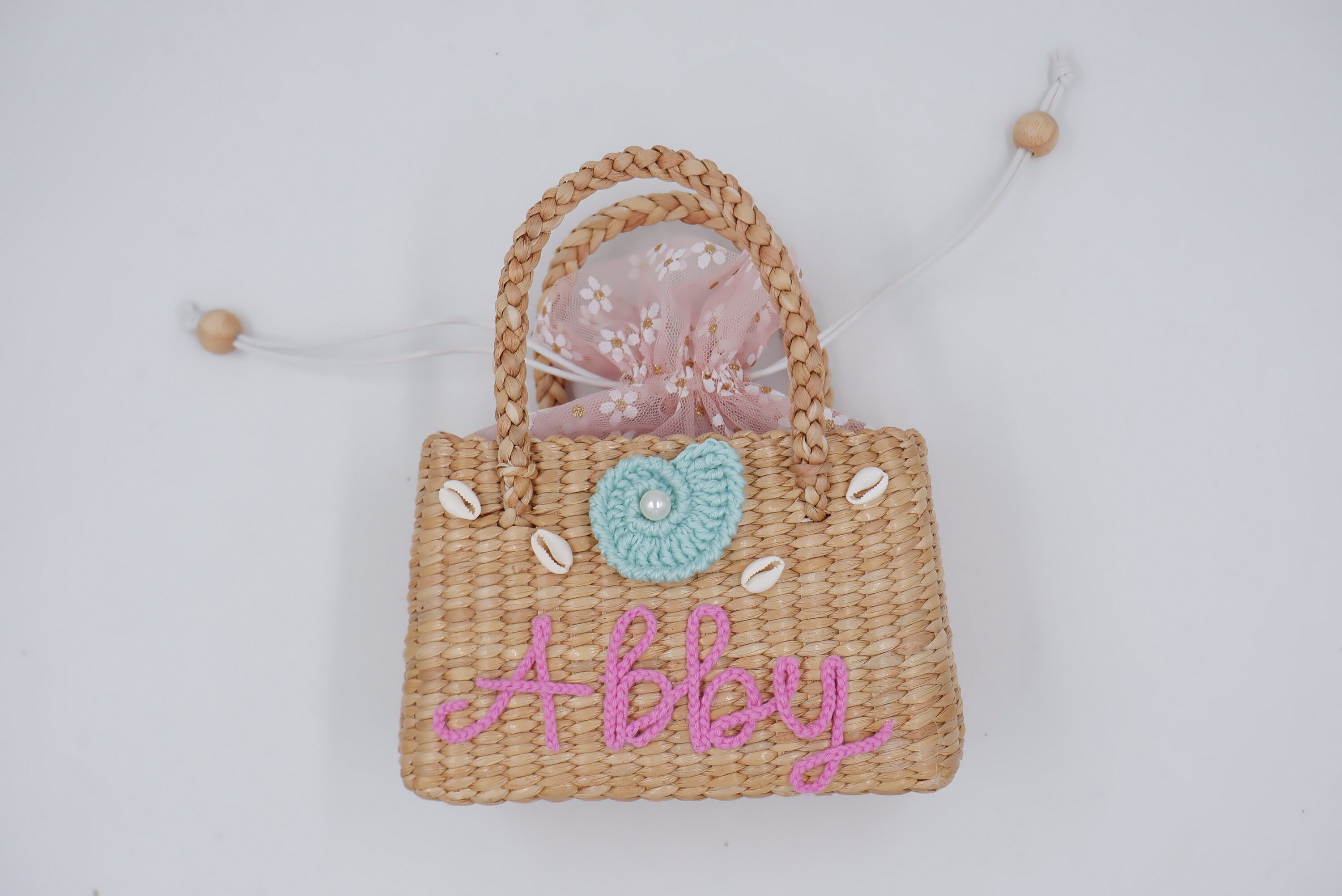 Pink Kids Bag With Shell , Girl Straw Purse, Straw Bag for Kids, Kids ...