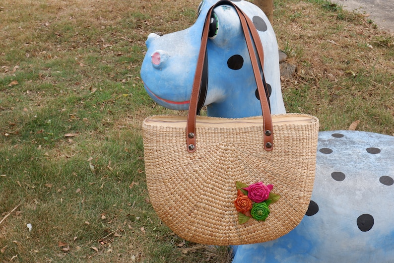 Straw Tote Bag With Leather Handle and Flower Straw Basket - Etsy