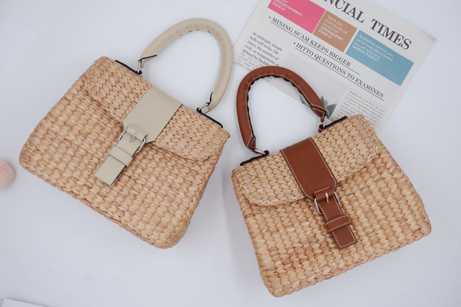 Straw Bag With Natural Leather Handle Straw Bag Summer Bag | Etsy