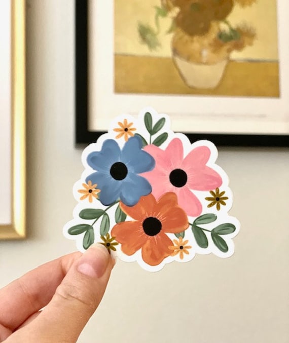 Red Pink and Blue Flower Sticker waterproof vinyl | Etsy