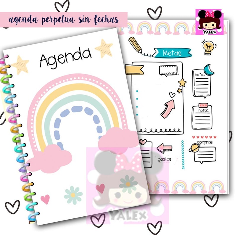 Agenda Perpetua Imprimible ARCOIRIS Agenda sin fechas Formato media ...