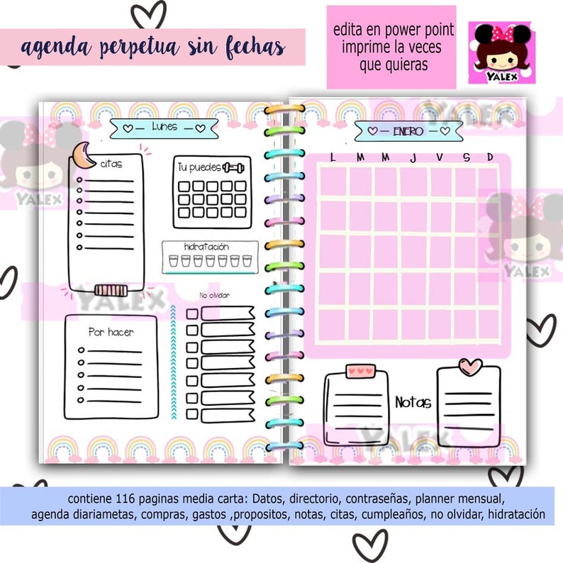 Agenda Perpetua Imprimible ARCOIRIS Agenda sin fechas Formato media ...