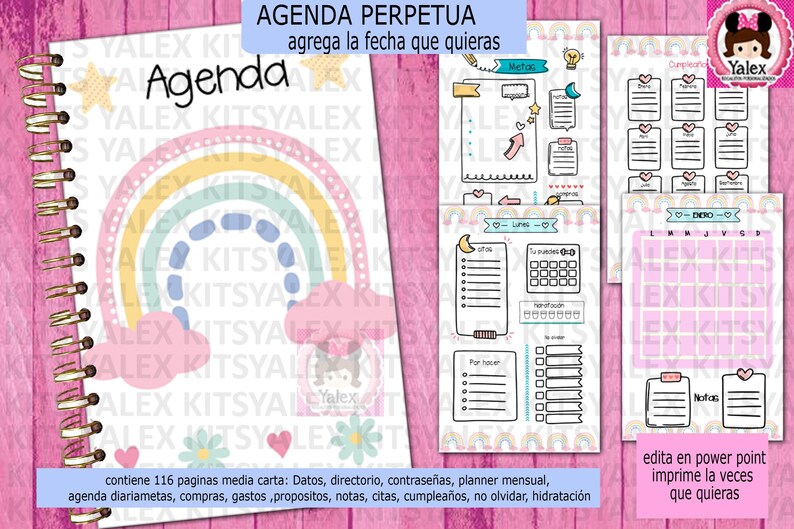 Agenda Perpetua Imprimible ARCOIRIS Agenda sin fechas Formato media ...