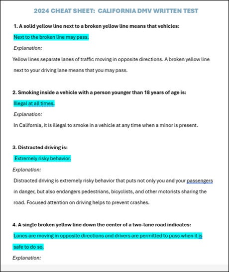 Cheat Sheet for California Driving/dmv Written Test (you Will PASS!) - Etsy