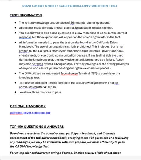 Cheat Sheet for California Driving/dmv Written Test (you Will PASS!) - Etsy