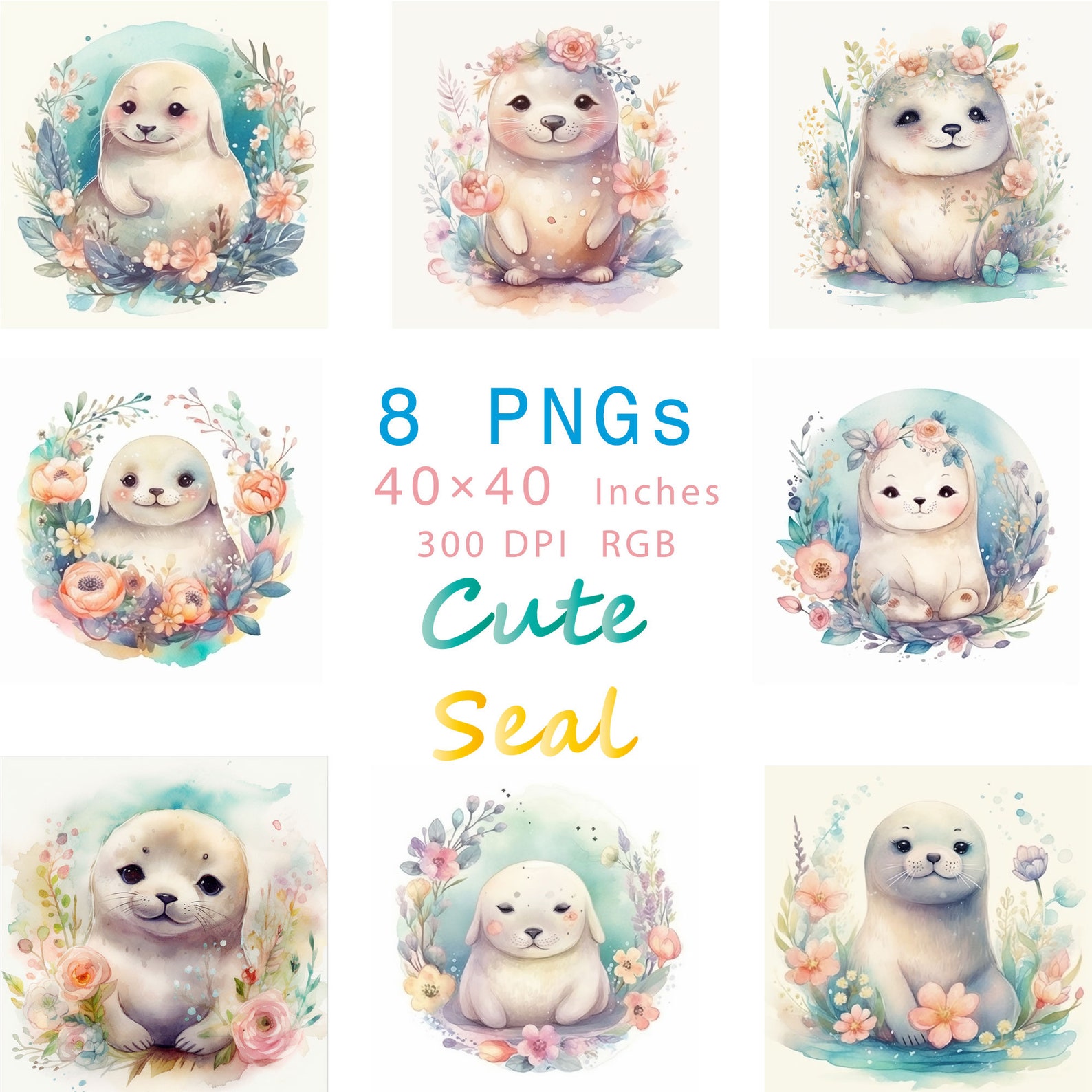 Dreamy Watercolour Cute Happy Chibi Seal With Flowery - Etsy