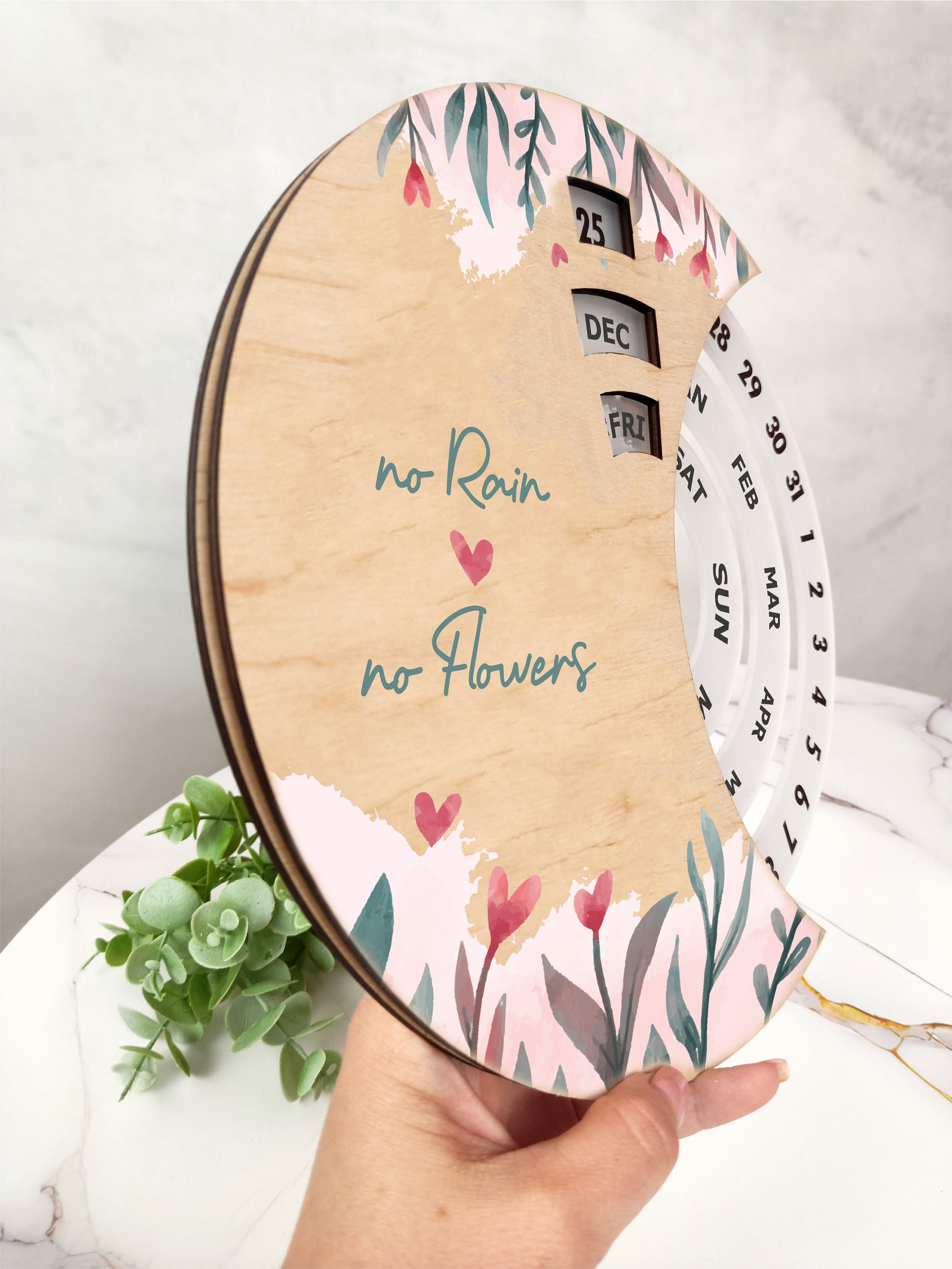 Perpetual Wall Calendar Wood Round Perpetual Calendar With Flowers ...