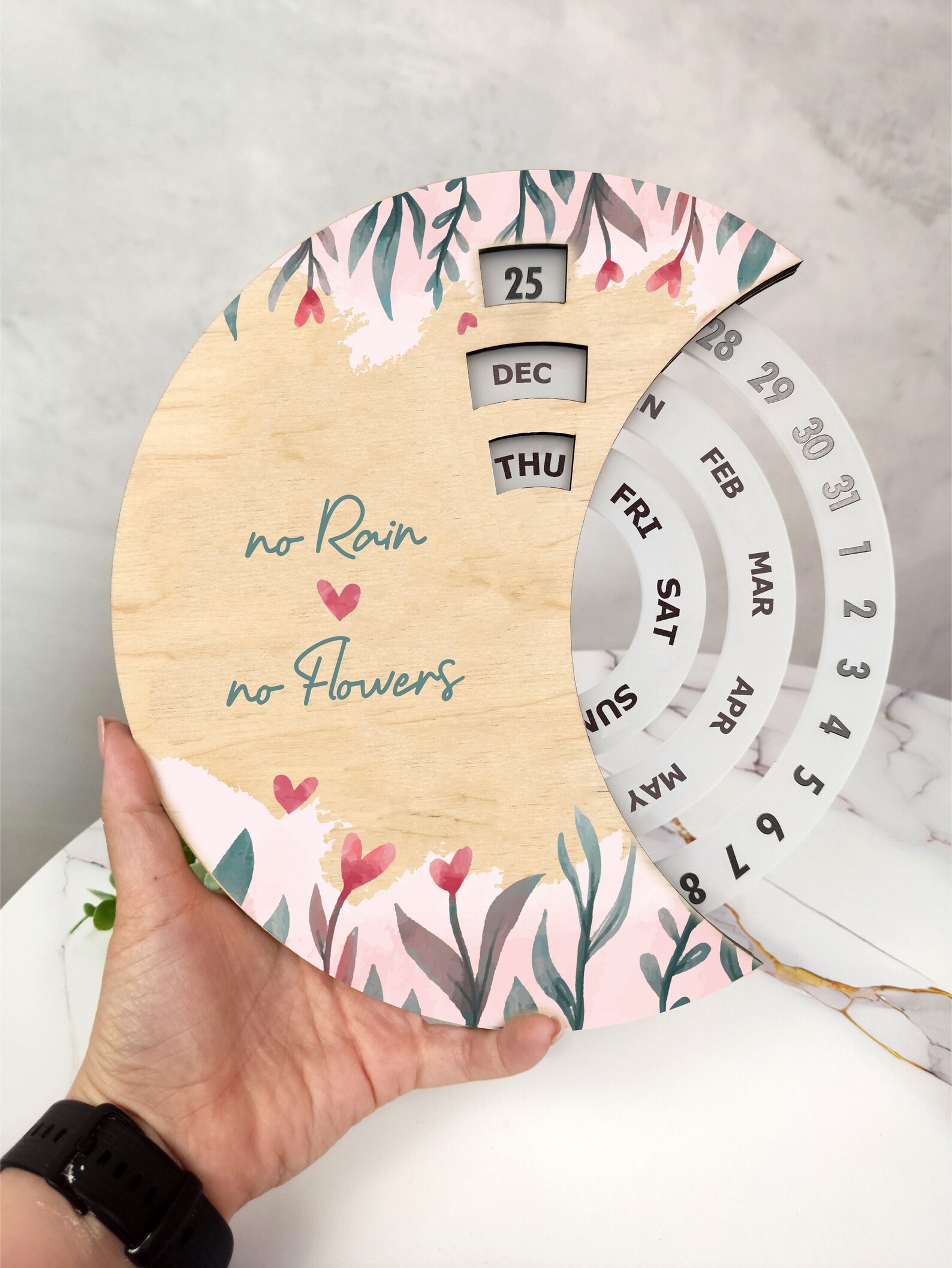 Perpetual Wall Calendar Wood Round Perpetual Calendar With Flowers ...