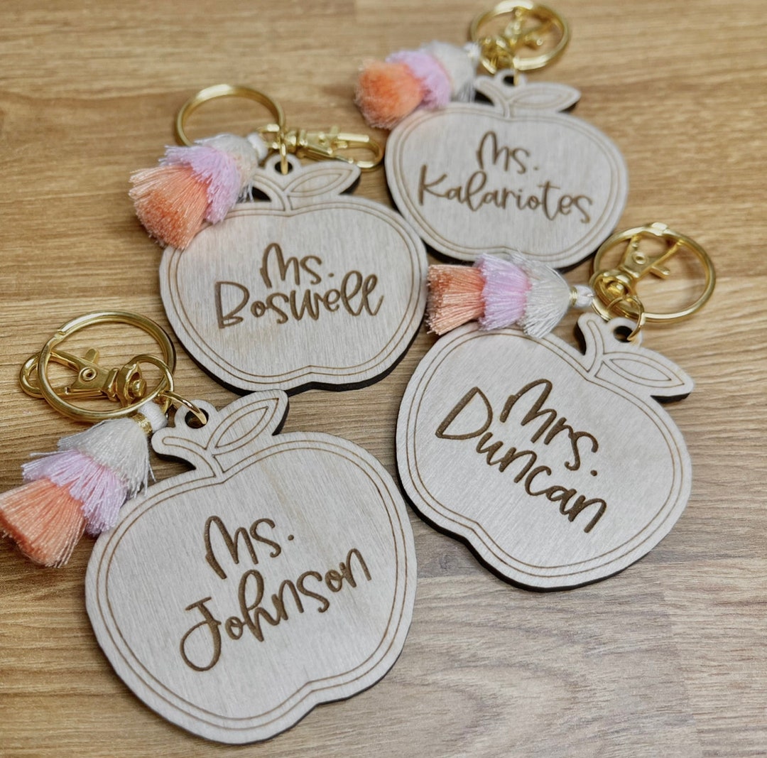 Personalized Apple Keychain | Engraved Baltic Birch Wood Teacher Gift ...