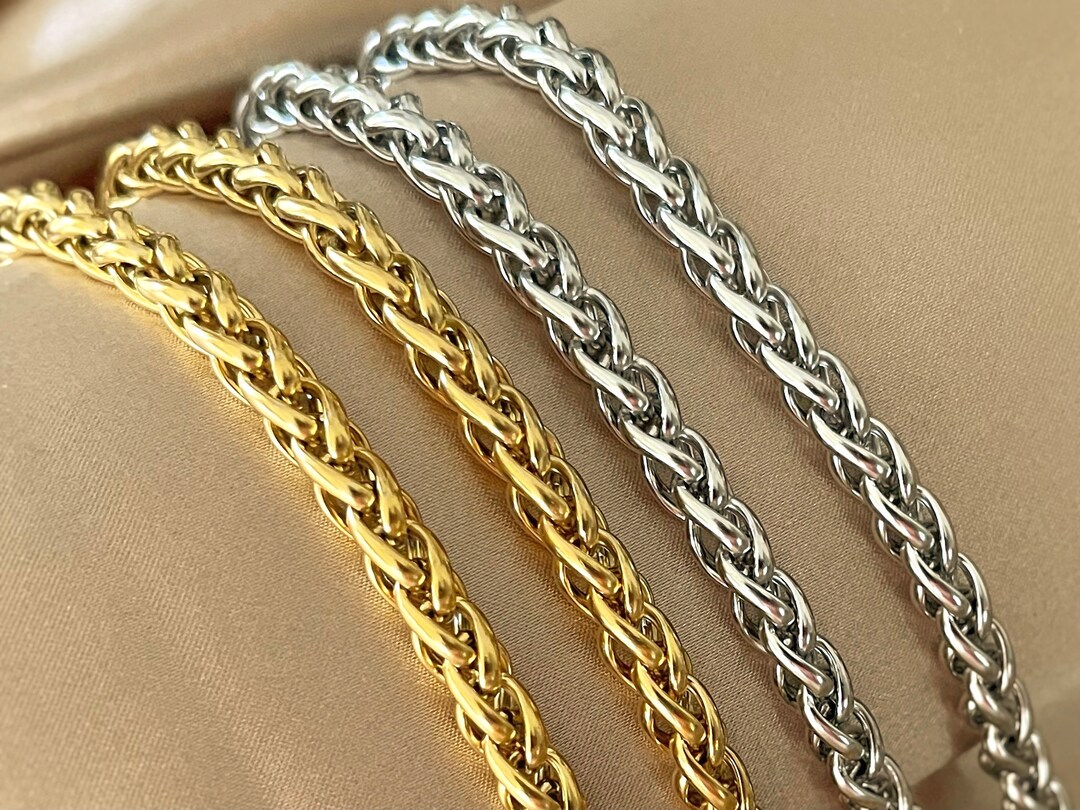 Braided Wheat Chain Strap Stainless Steel, 6mm Width 18k Gold Plated ...