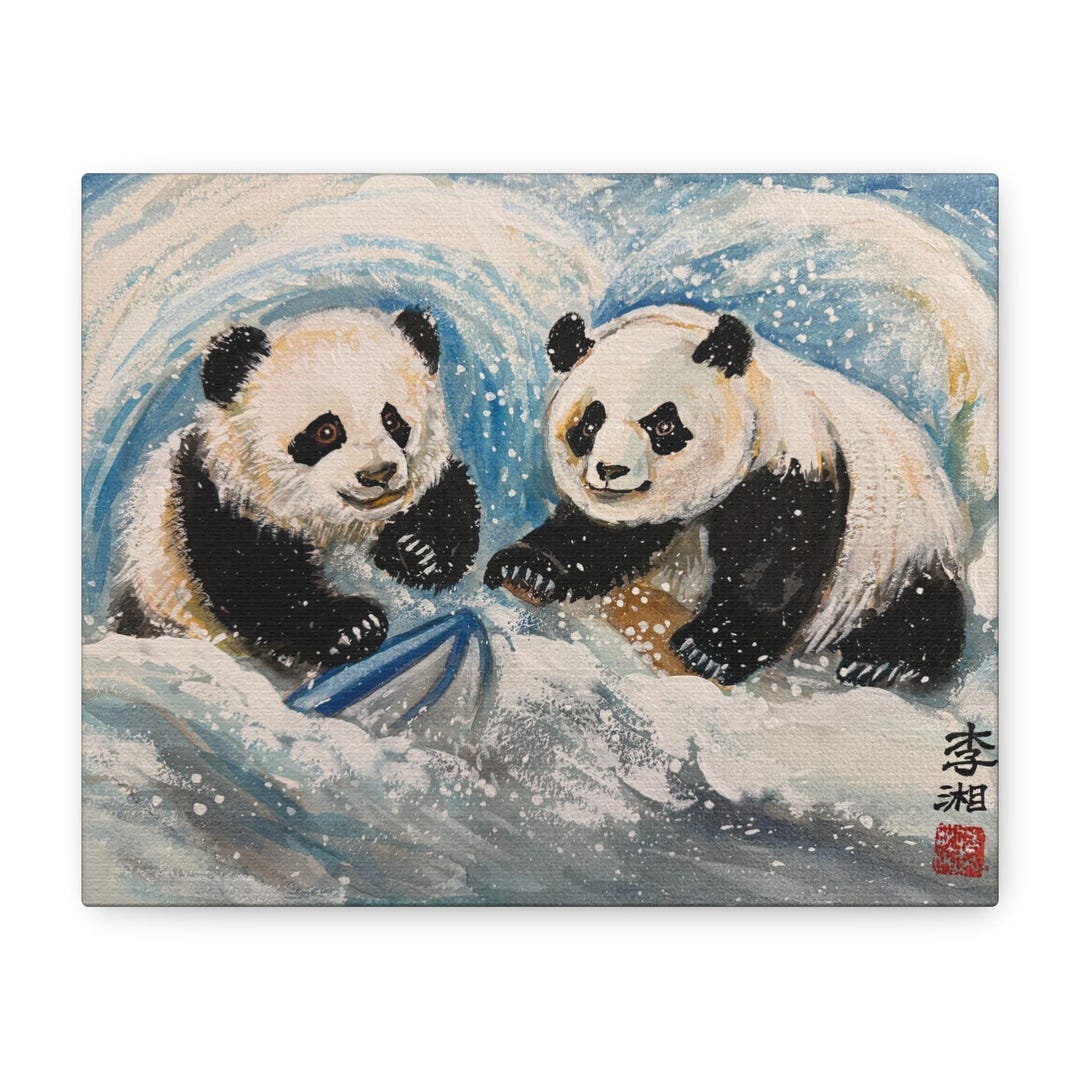 Surfing Pandas Canvas Wall Art, Giant Pandas Bao Li and Qing Bao ...