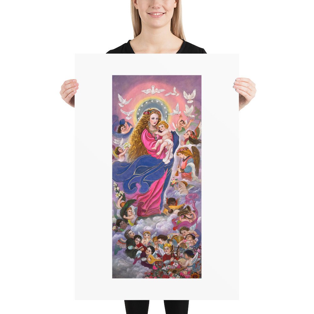Virgin Mary and Baby Jesus Chinese Watercolor Painting on Silk Poster ...