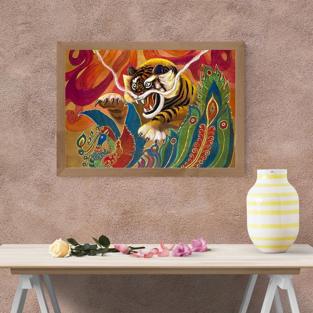 Brave Tiger, Chinese Tiger, Phoenix, Fine Art Print, Chinese Watercolor ...