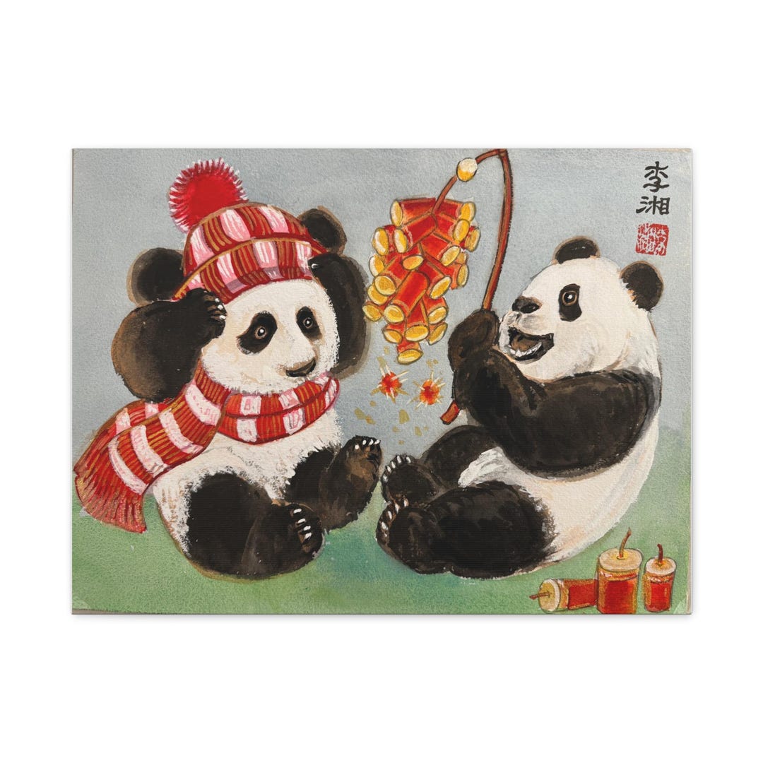 Panda Bears With Fireworks, Animal Canvas Wall Art, Giant Pandas Bao Li ...