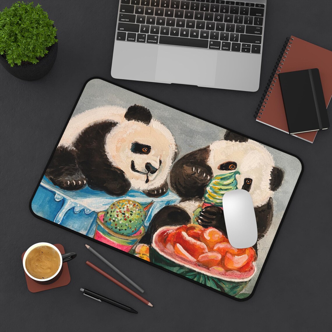 Pandas Eating Ice Cream Desk Mat Mouse Pad Watercolor Art Original ...