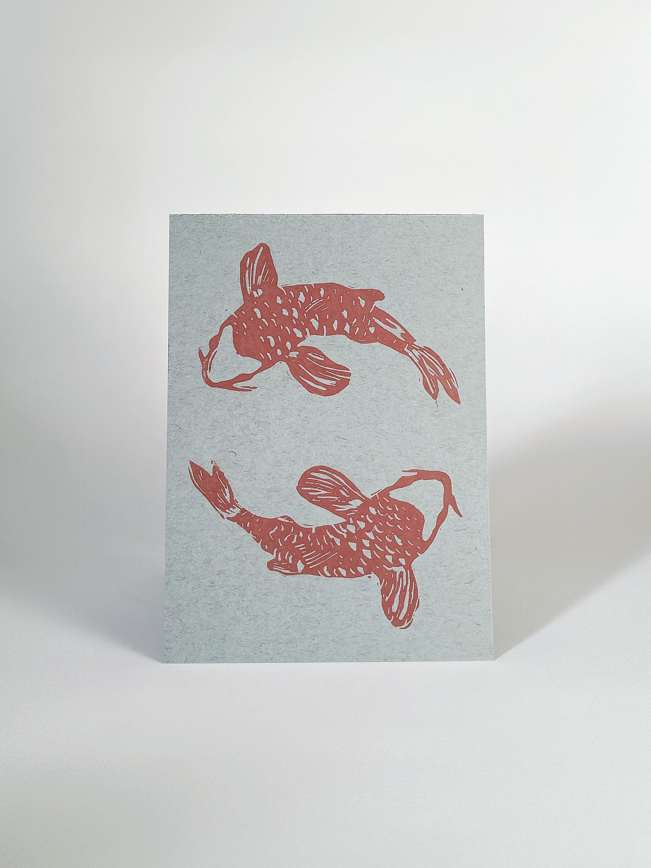 Koi Fish Pond, Hand-carved Monochrome Linocut Print (blue Variant) - Etsy