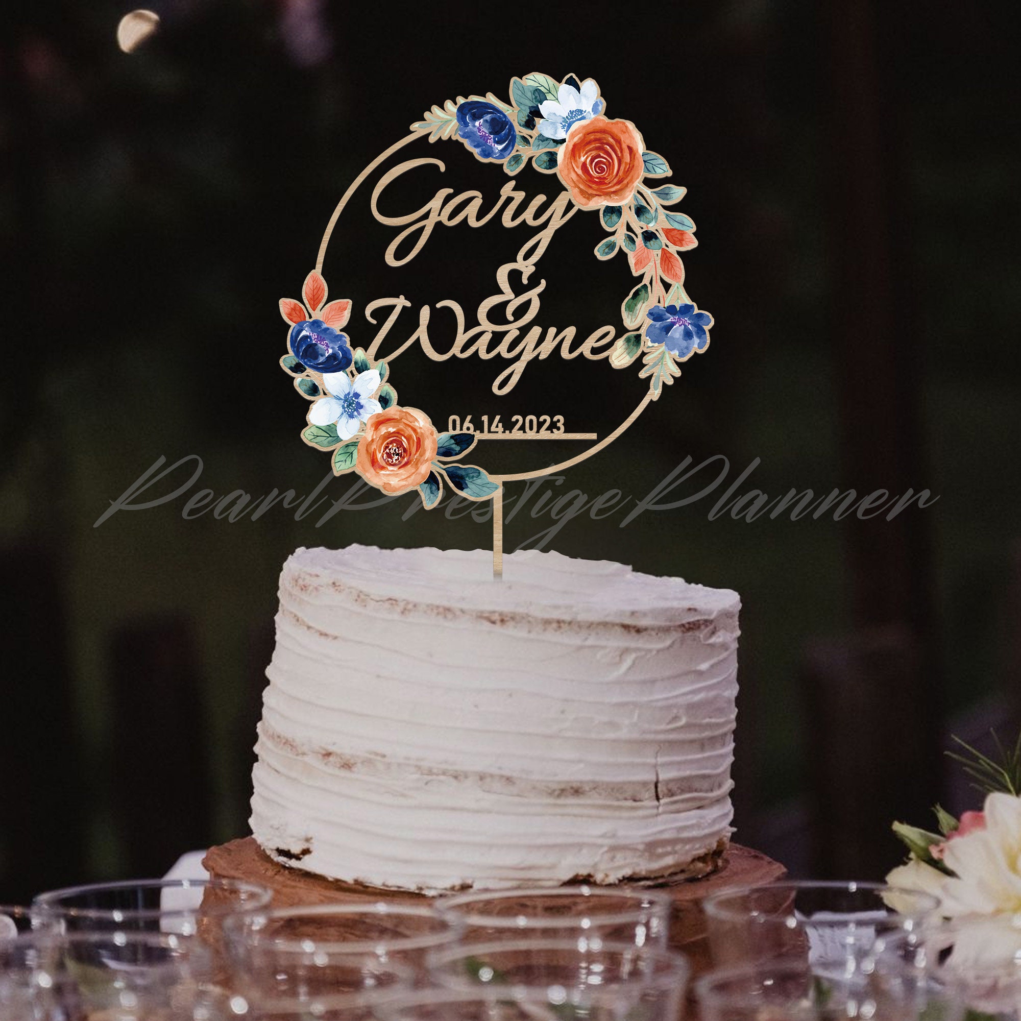 Blue and Orange Watercolor Cake Topper, Floral Wreath Cake Decor ...