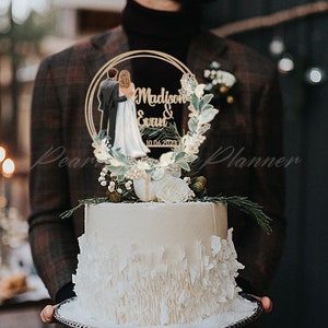 Greenery Wedding Cake Topper, Couple Silhouette Cake Sign, Dress & Suit ...