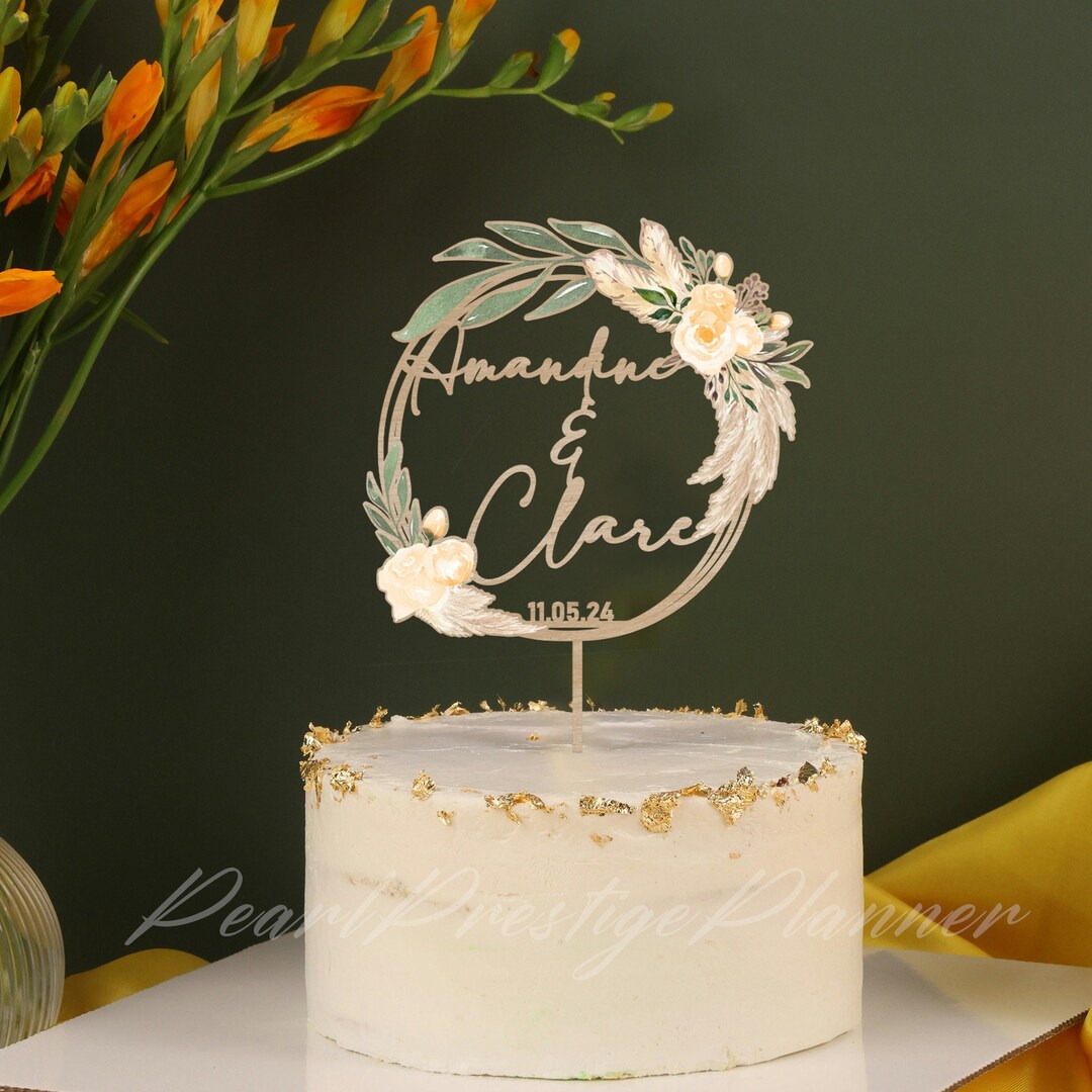 Boho Wedding Cake Topper, Pampass Grass Wreath Topper, Custom Couple ...