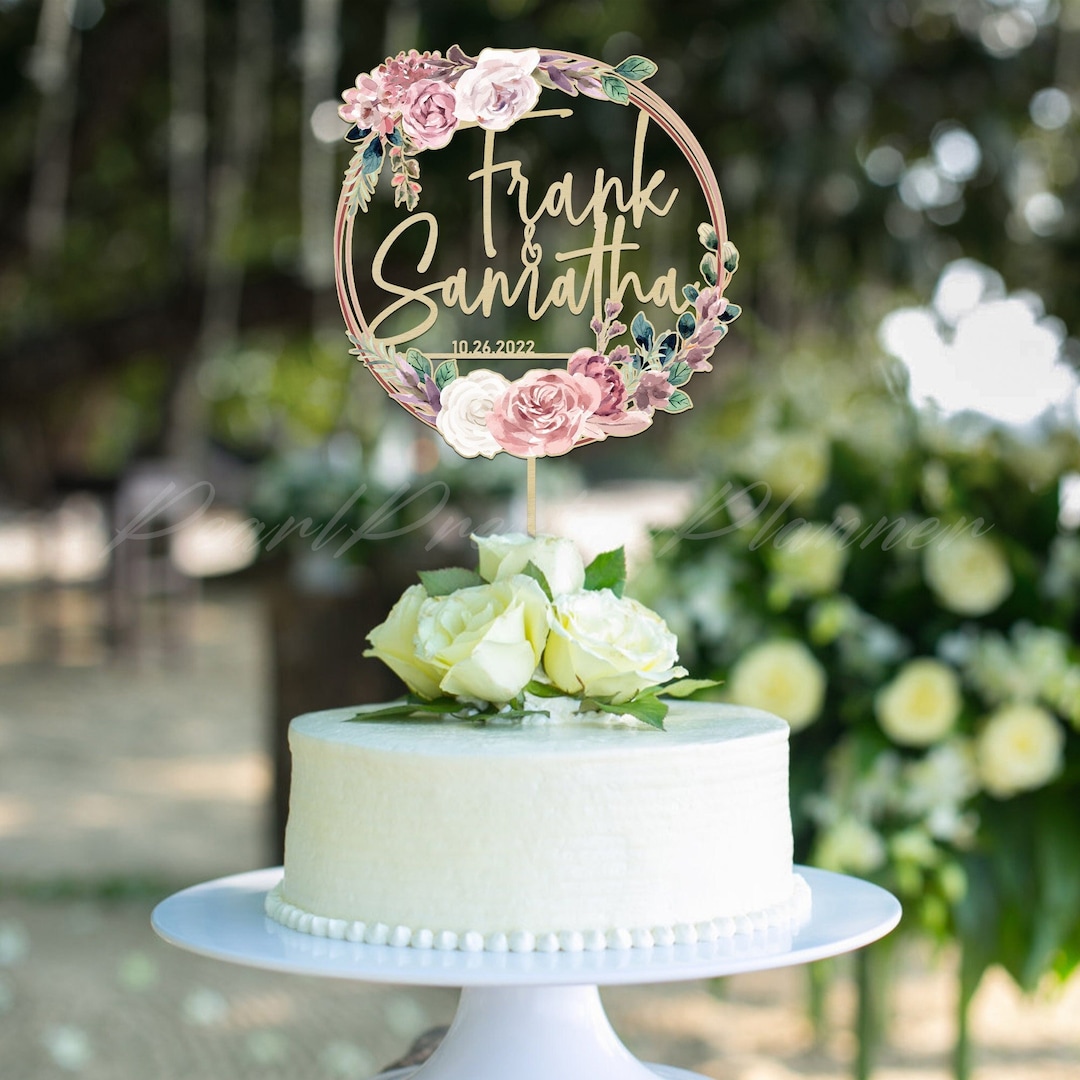 Garden Rose Wedding Cake Topper, Couple Name Spring Cake Topper, Wreath ...
