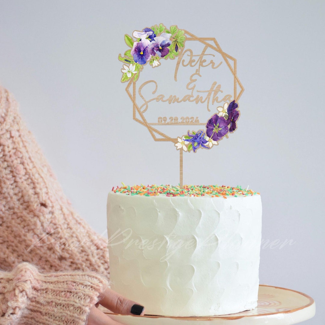 Romantic Purple Wedding Cake Topper, Violet Wreath Wooden Cake Ornament ...