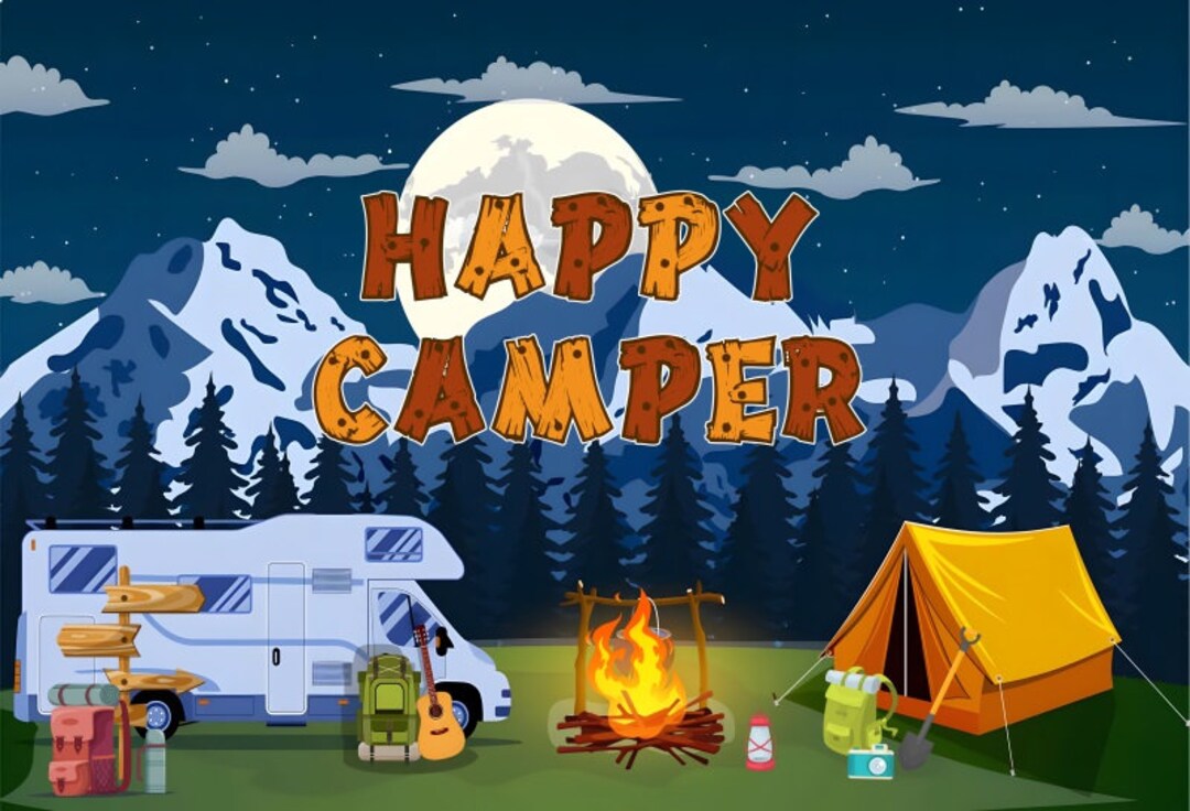 Happy Camper Backdrop, Camper Birthday, Camping Birthday, First ...