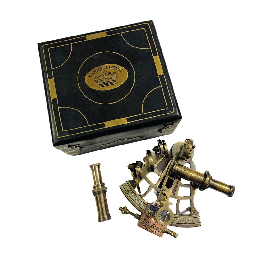 Brass Ship Sextant J Scott London Marine Instrument In Wooden Box Antique Marine Sextant