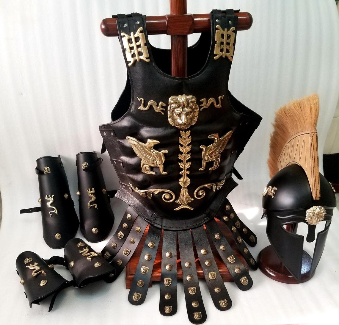 Corinthan Greek Leather Muscle Armor Breast Plate, Helmet, Leg & Arm ...