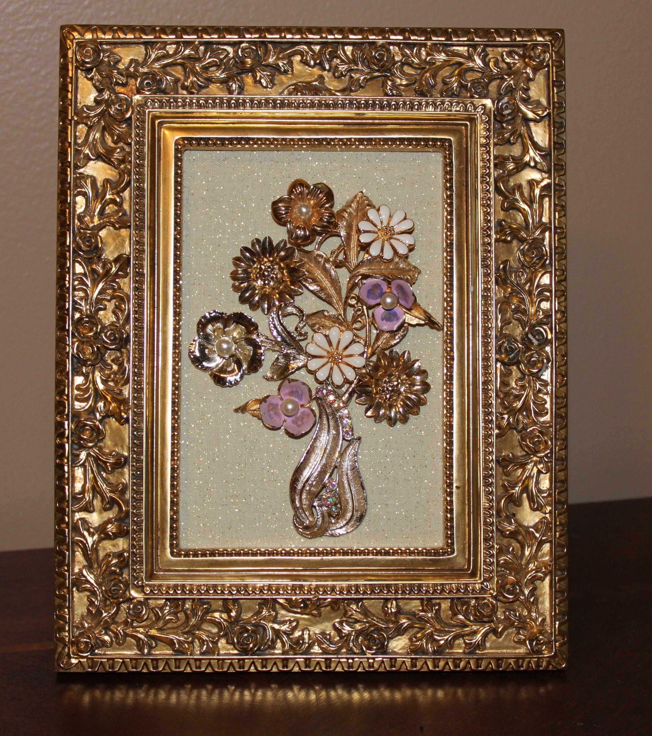 Unique Handmade Bouquet of Flowers in Gold Frame - Etsy
