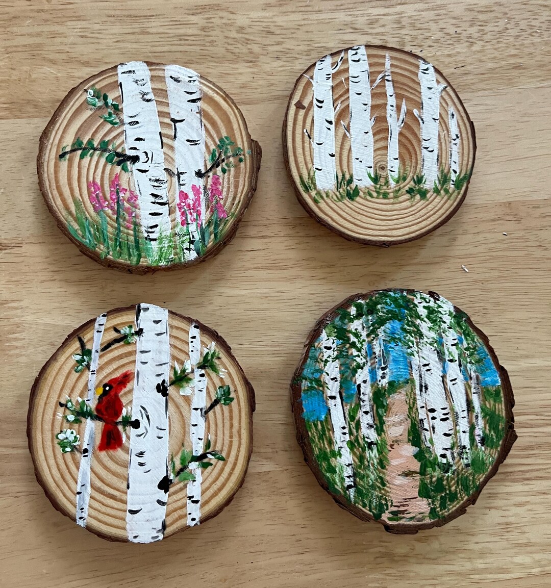 Hand Painted Wooden Coasters-birch Trees - Etsy