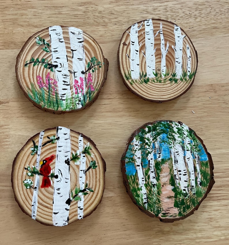 Hand Painted Wooden Coasters-birch Trees - Etsy