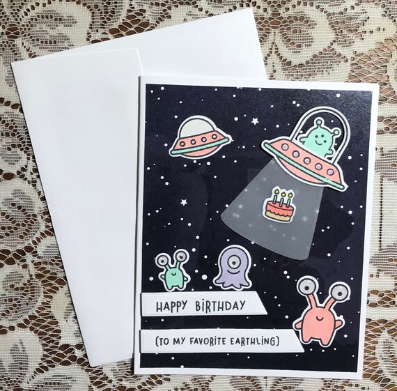 Handmade Card Happy Birthday Aliens | Etsy