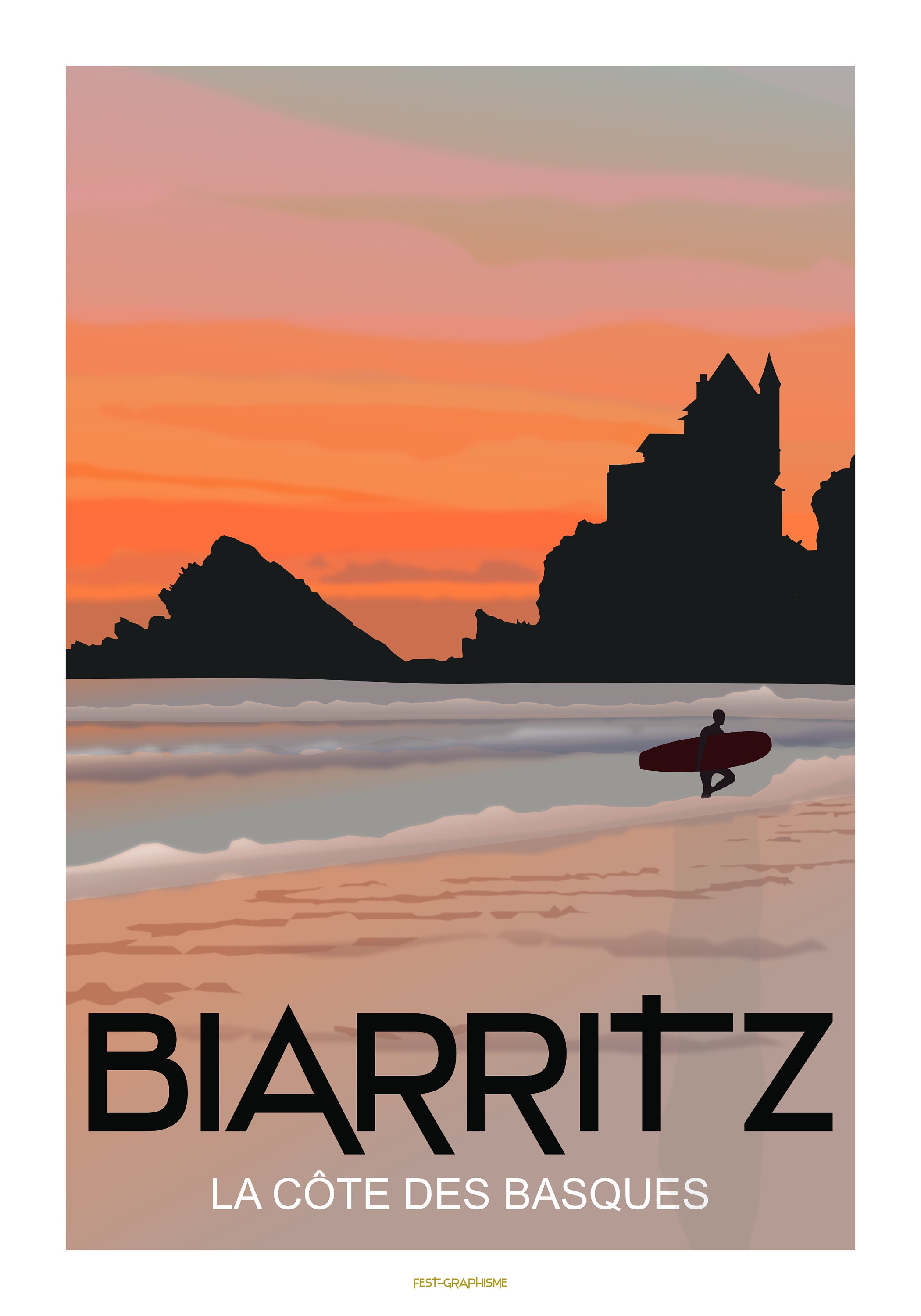 Affiche BIARRITZ - Pays Basque - Côte des Basques - Coucher de soleil ...