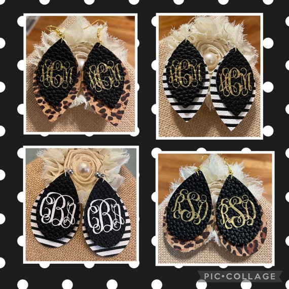 Monogram Leather Earrings Monogram Earrings Custom Faux | Etsy