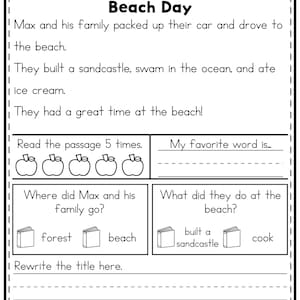 Summer Passages Kindergarten Reading Comprehension Printable ...