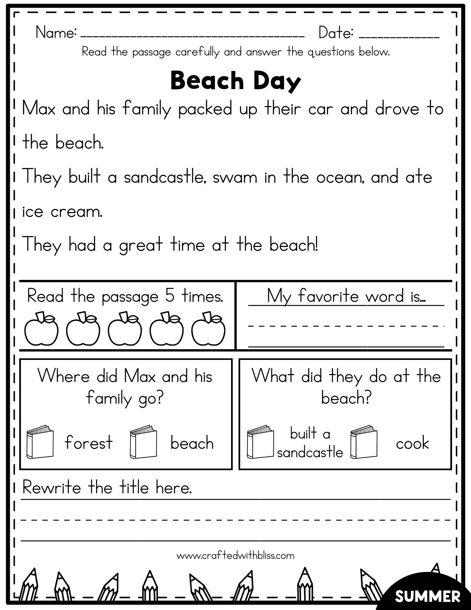 Summer Passages Kindergarten Reading Comprehension Printable Homeschool ...