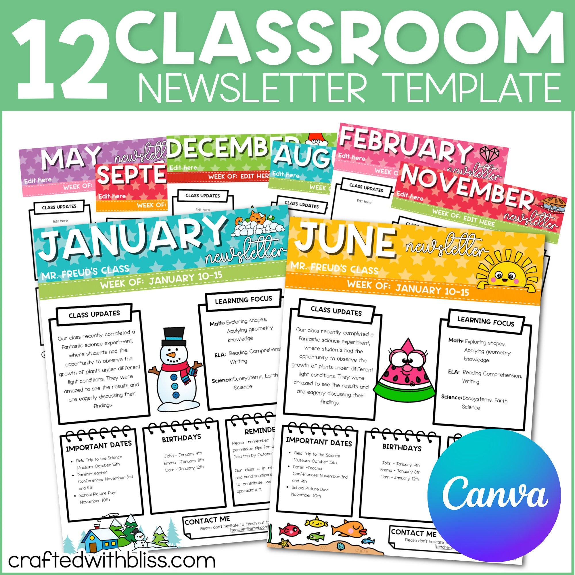 12 Classroom Newsletter Monthly Editable Canva Template - Etsy