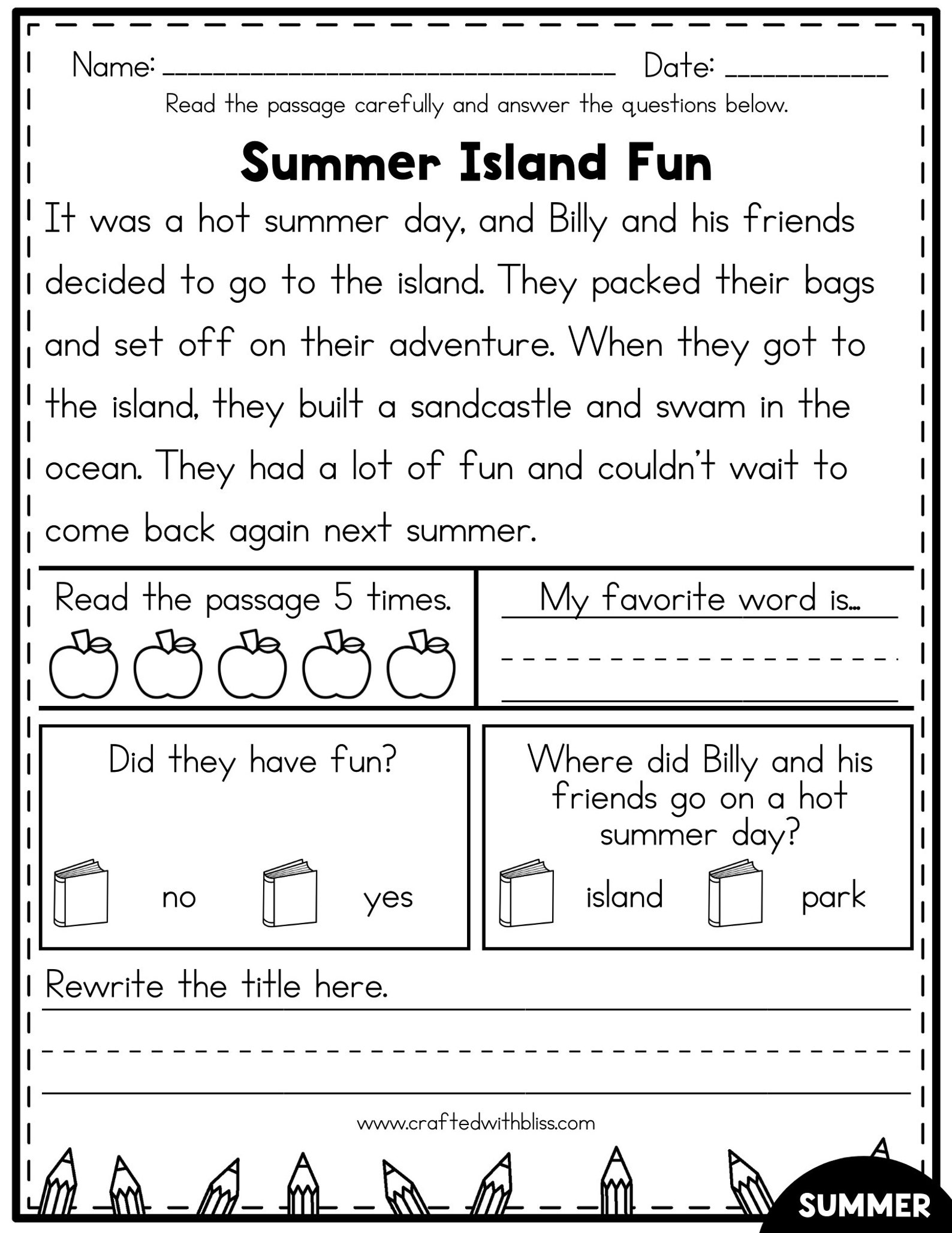 Summer Passages Kindergarten Reading Comprehension Printable Homeschool ...