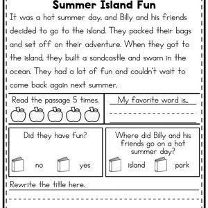 Summer Passages Kindergarten Reading Comprehension Printable ...